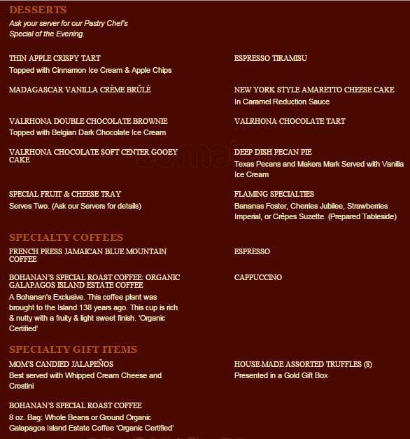 Menu at Bohanan’s restaurant, San Antonio