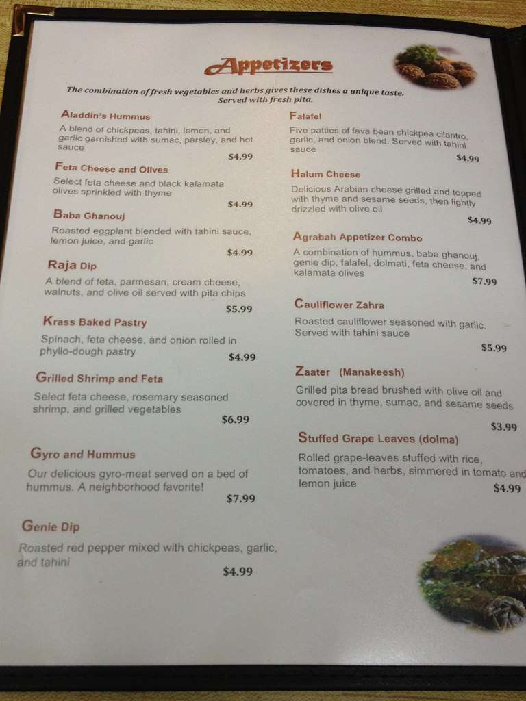 Menu at Aladdin Cafe, Lawrence, Massachusetts St