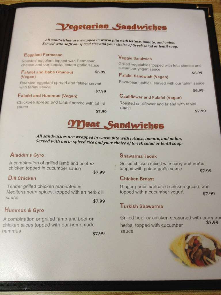 Menu at Aladdin Cafe, Lawrence, Massachusetts St