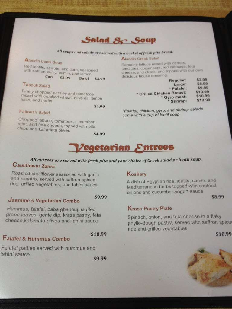 Menu at Aladdin Cafe, Lawrence, Massachusetts St
