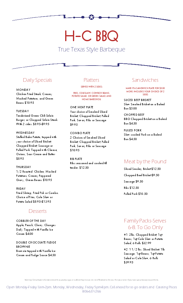 Menu at H-C BBQ, Brownfield