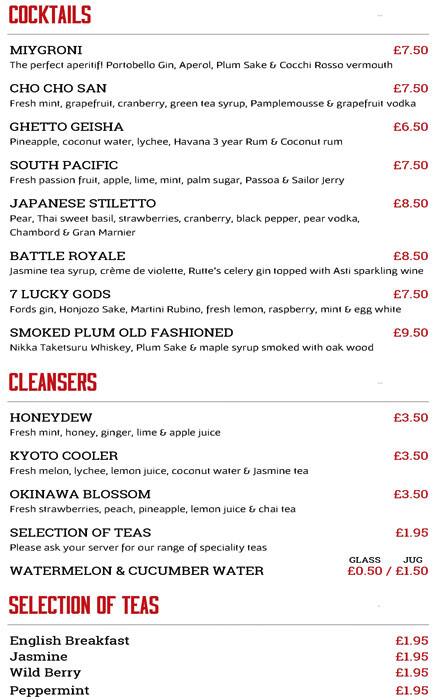 Menu at Miyagi restaurant, Ormskirk