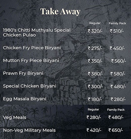 Menu at 1980's Military Hotel, Hyderabad