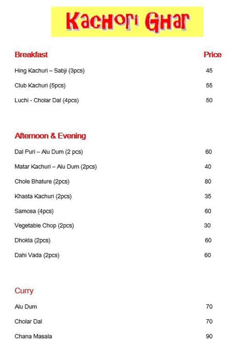 Menu of Kachori Ghar, New Town, Kolkata