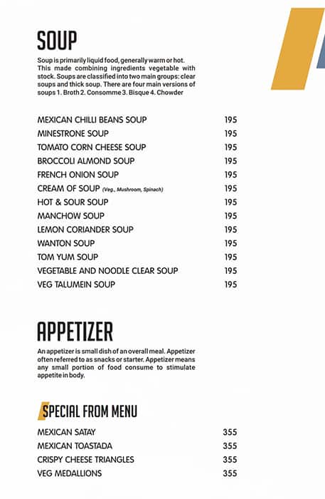 Menu of Spice Petals, Vesu, Surat