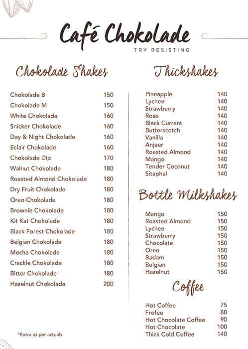 Menu of Café Chokolade, Vasai, Mumbai