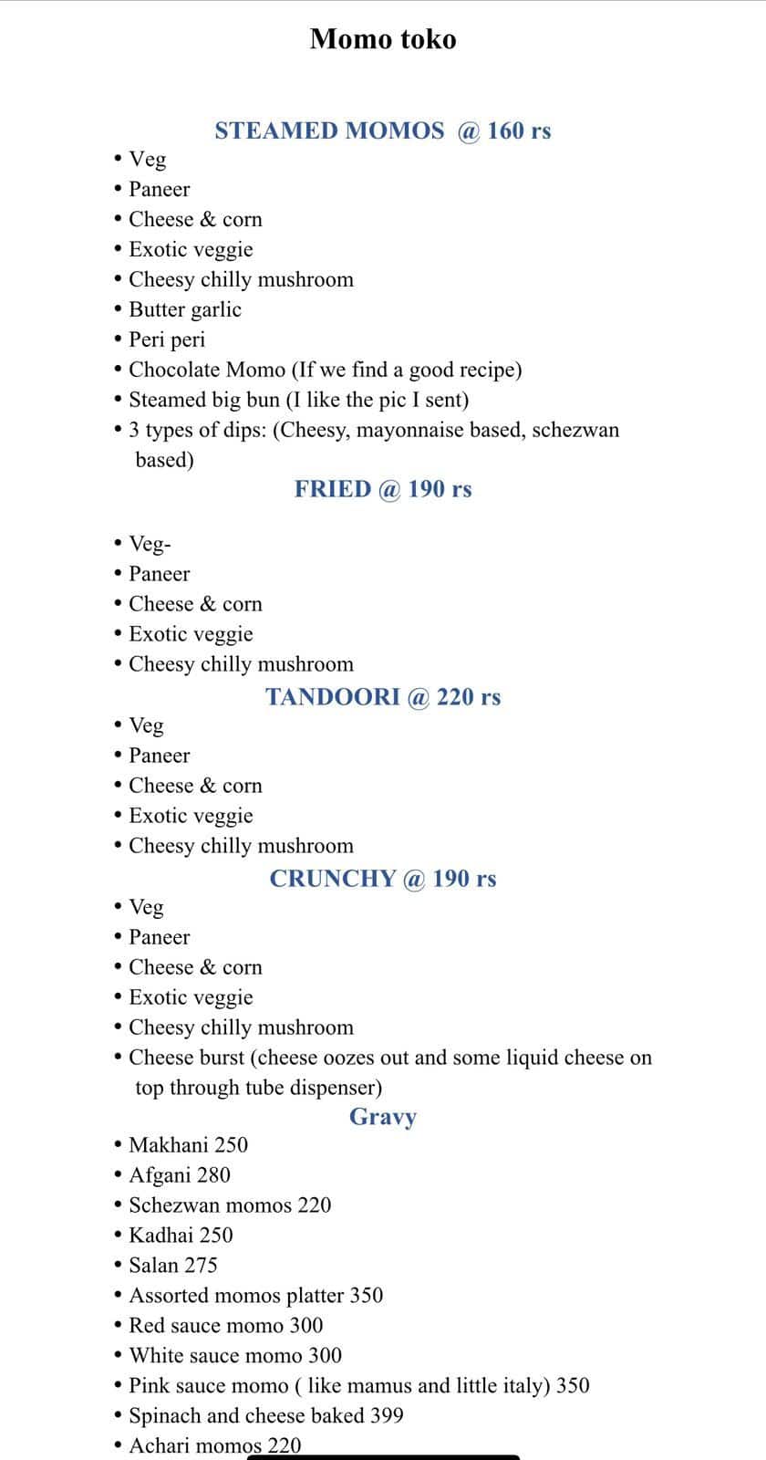 Menu of Momotoko, Civil Lines, Jaipur