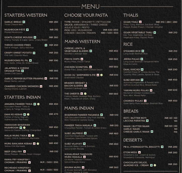 Menu of Omera Goa, Vagator, Goa