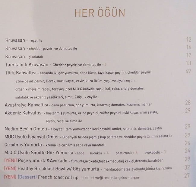 Menu at MOC İstanbul, Istanbul