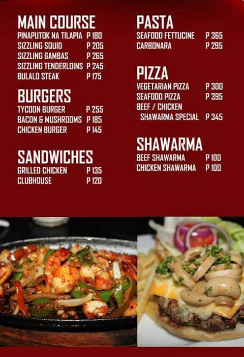 Menu at Tycoon Bar and Restaurant, Manila