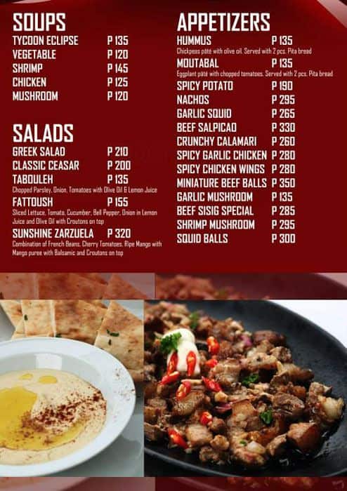 Menu at Tycoon Bar and Restaurant, Manila