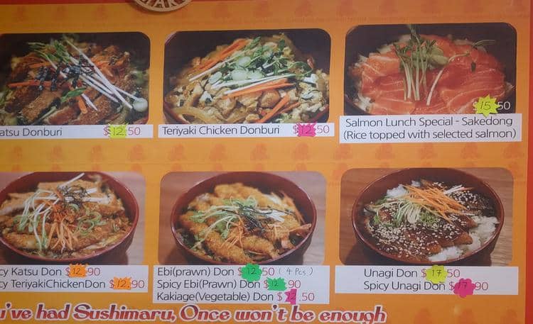 Menu at Sushi Maru restaurant, Wellington
