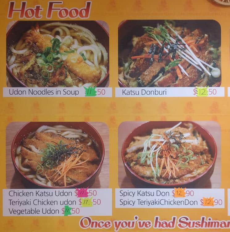 Menu at Sushi Maru restaurant, Wellington