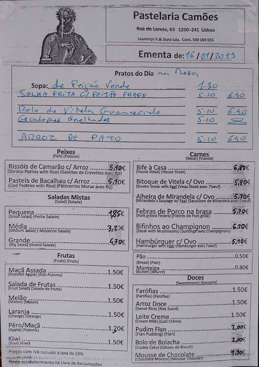 Menu at Pastelaria Camões cafe, Lisbon