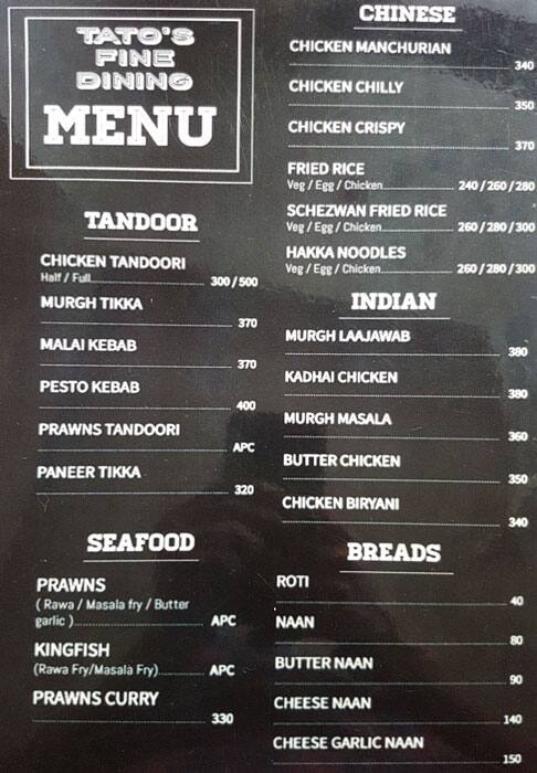Menu at Tato's Fine Dining, Panaji