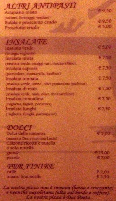 Menu da Dar Poeta pizzeria, Roma, Vicolo del Bologna