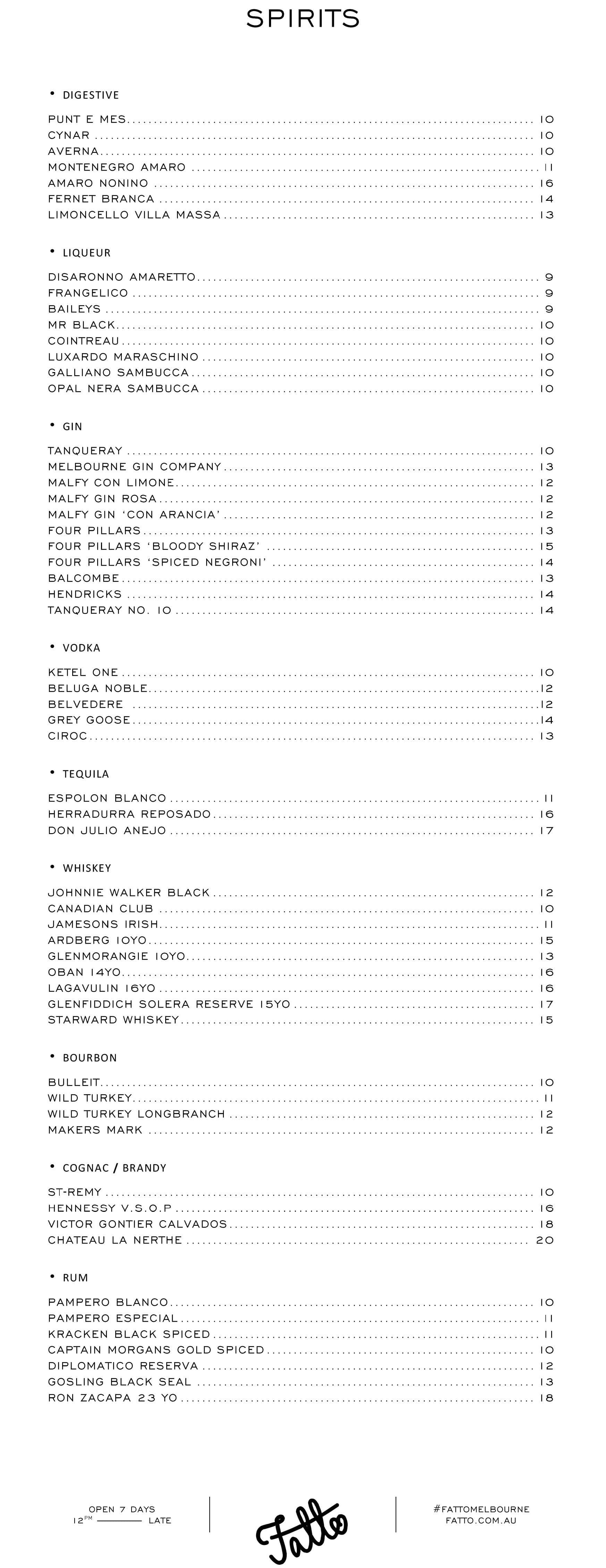 Menu at Fatto Bar & Cantina, Melbourne