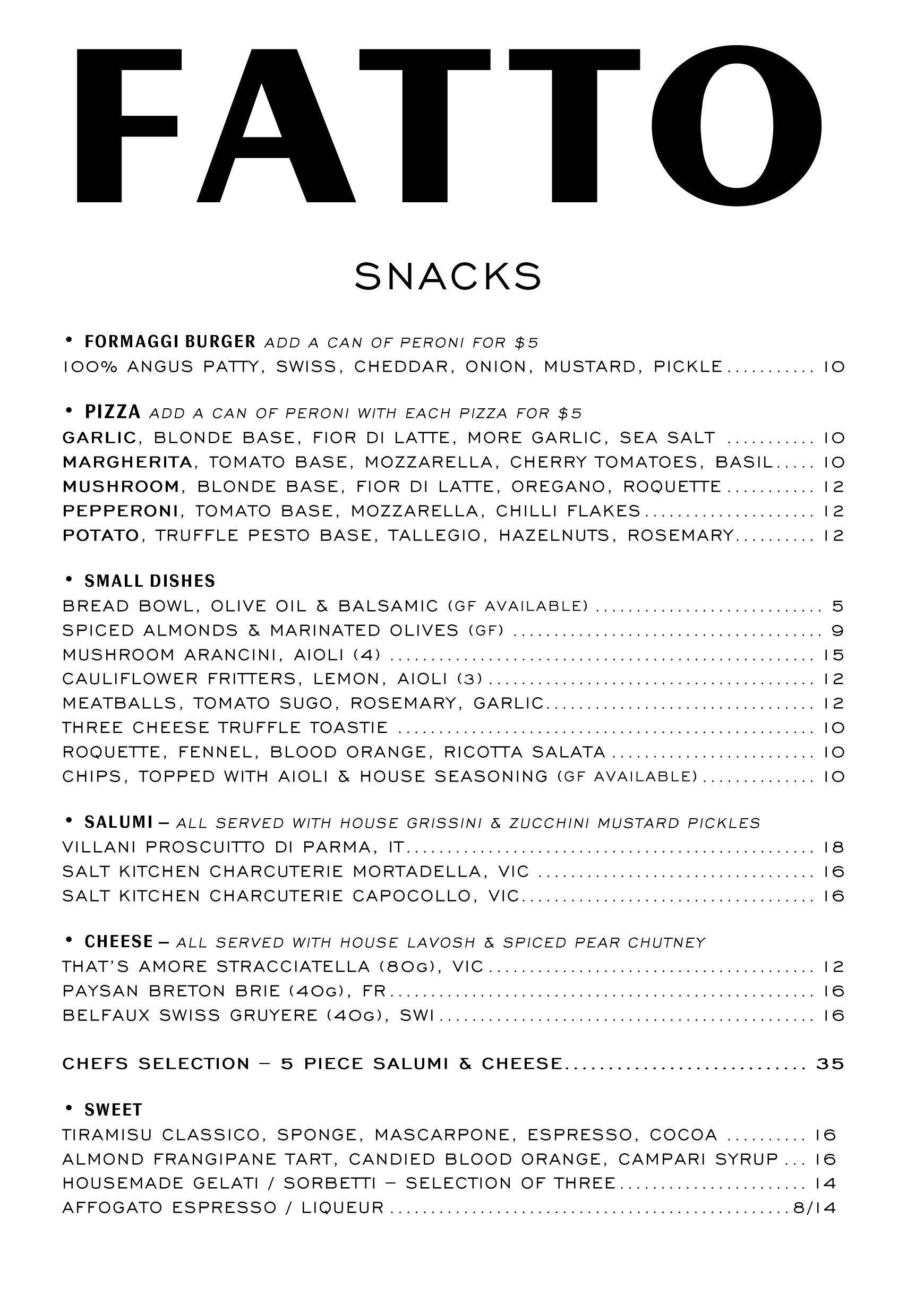 Menu at Fatto Bar & Cantina, Melbourne