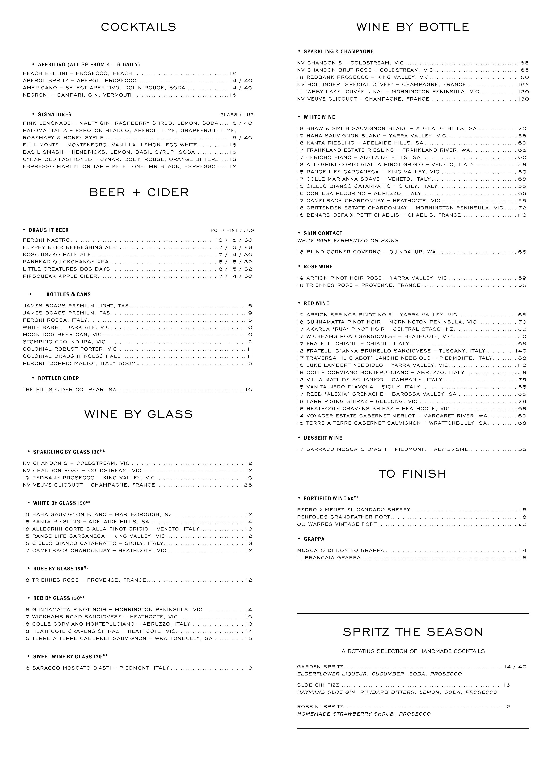 Menu at Fatto Bar & Cantina, Melbourne