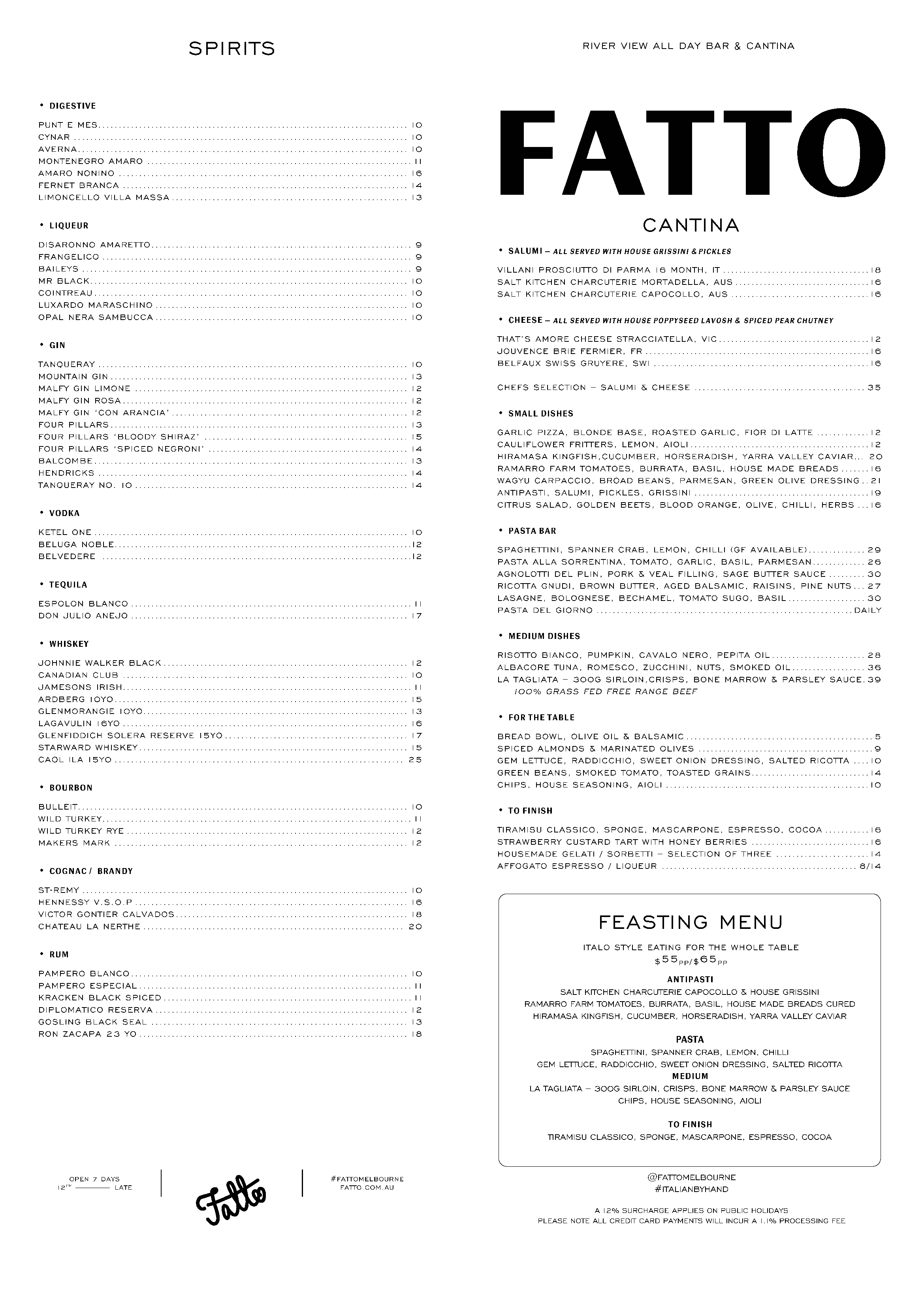 Menu at Fatto Bar & Cantina, Melbourne