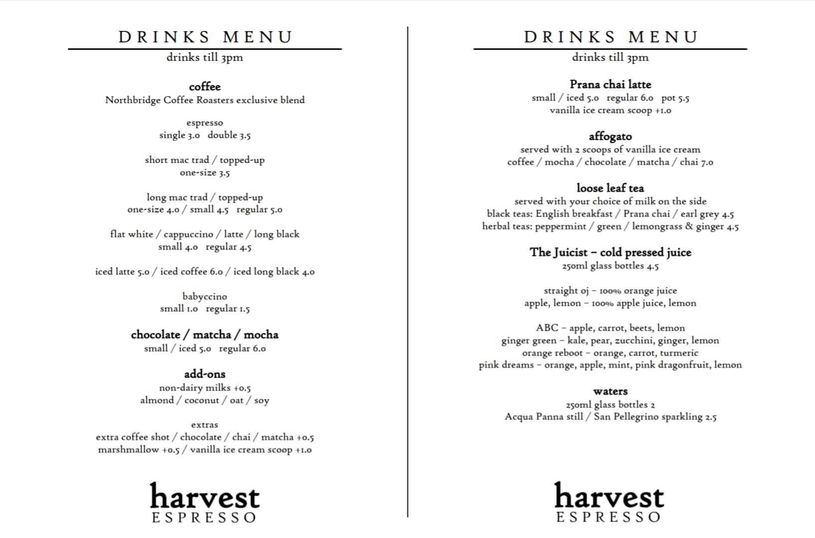 Menu at Harvest Espresso cafe, Perth