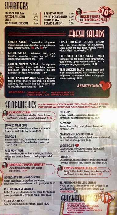 Menu at Dunn's Famous restaurant, Ottawa, 355 Dalhousie St