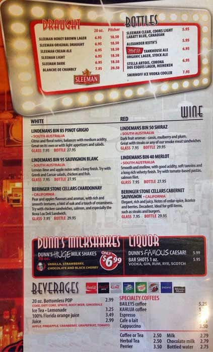 Menu at Dunn's Famous restaurant, Ottawa, 355 Dalhousie St