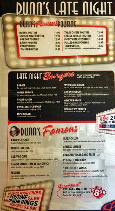 Menu at Dunn's Famous restaurant, Ottawa, 355 Dalhousie St