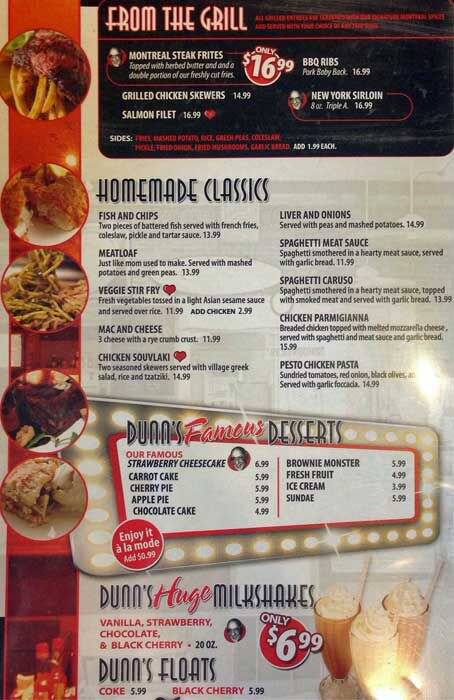Menu at Dunn's Famous restaurant, Ottawa, 355 Dalhousie St
