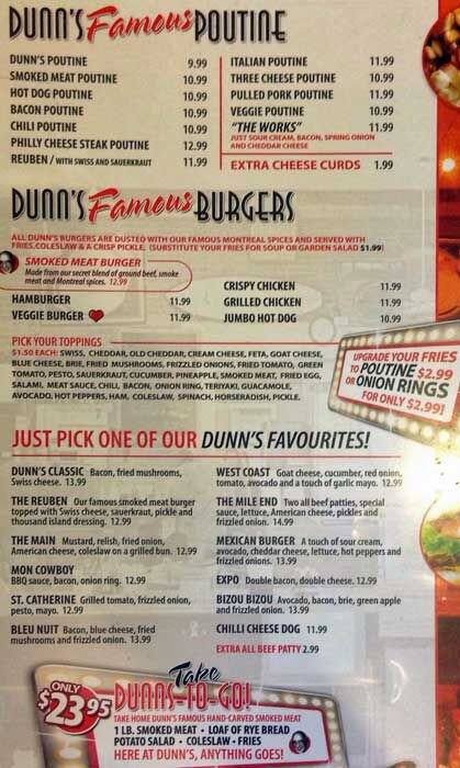 Menu at Dunn's Famous restaurant, Ottawa, 355 Dalhousie St