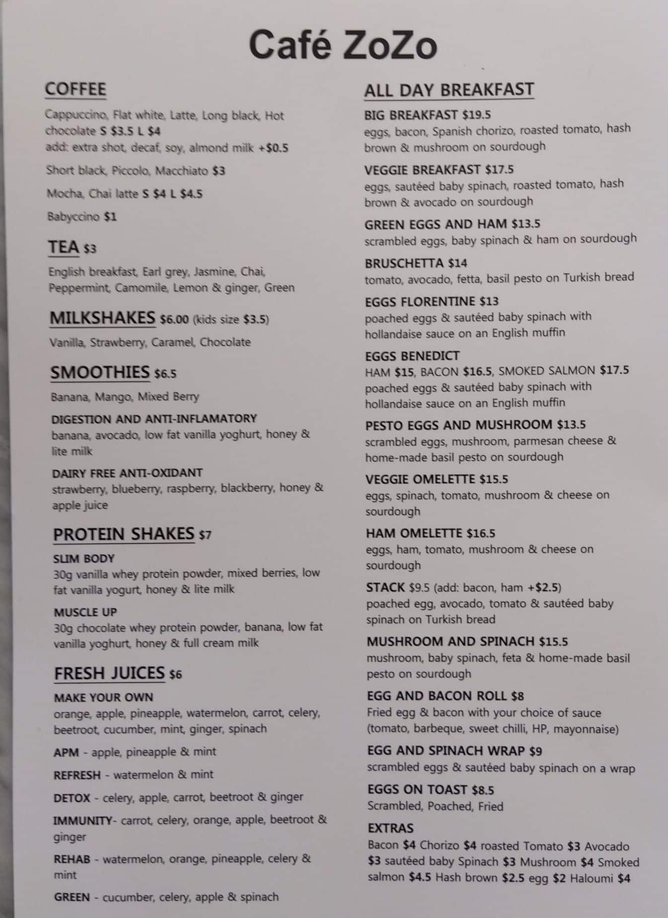 Menu at Café ZoZo cafe, Neutral Bay