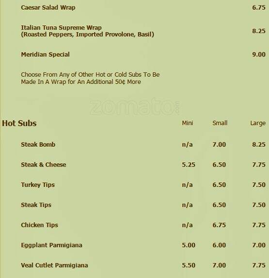 Menu at Meridian Food Market restaurant, Boston, 121 Meridian St