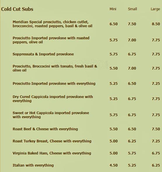 Menu at Meridian Food Market restaurant, Boston, 121 Meridian St