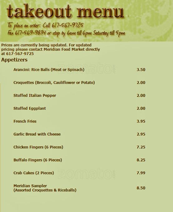 Menu at Meridian Food Market restaurant, Boston, 121 Meridian St