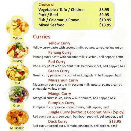Menu at White Elephant Thai Cuisine restaurant, Santa Clara