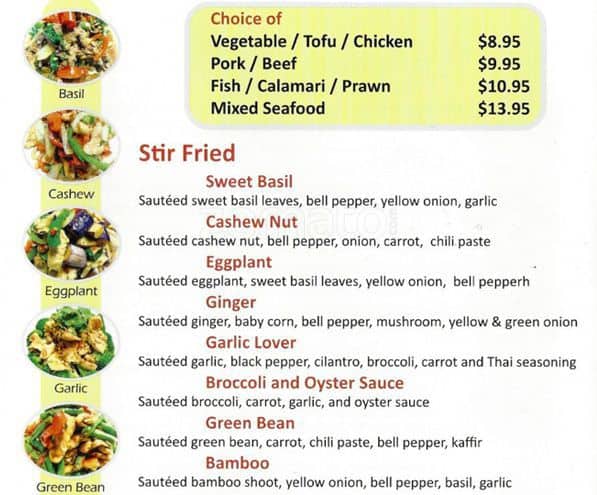 Menu at White Elephant Thai Cuisine restaurant, Santa Clara