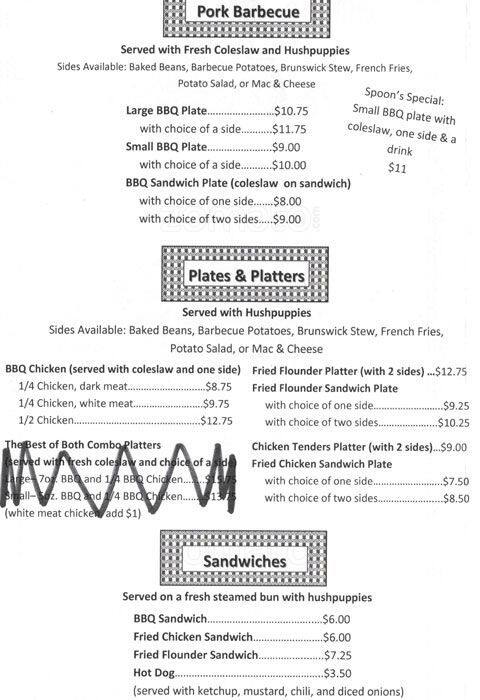 Menu at Bill Spoon's Barbecue, Charlotte