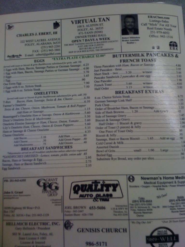 Menu at Foley Coffee Shop restaurant, Foley