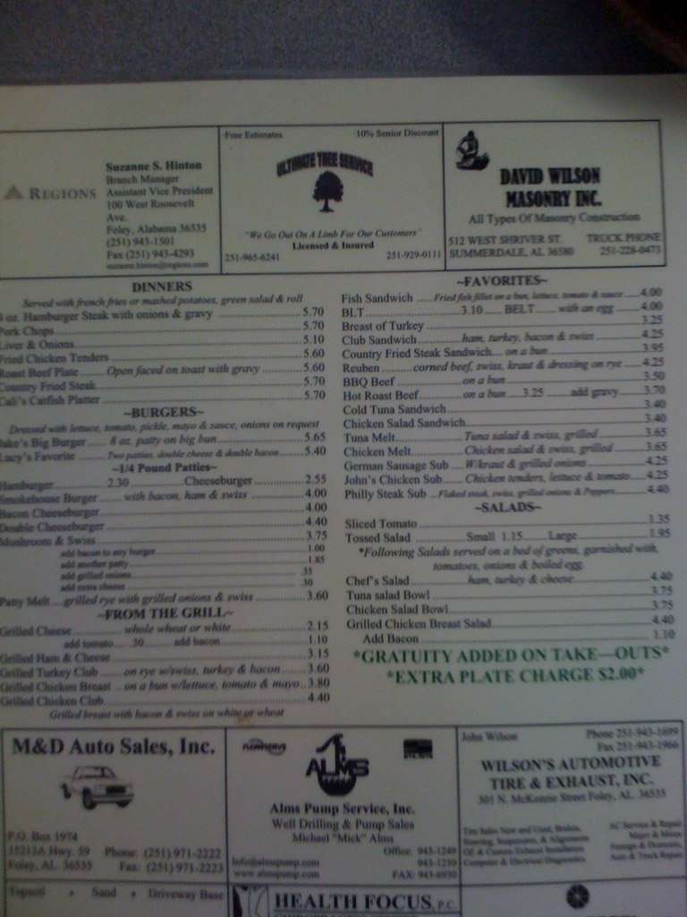 Menu at Foley Coffee Shop restaurant, Foley