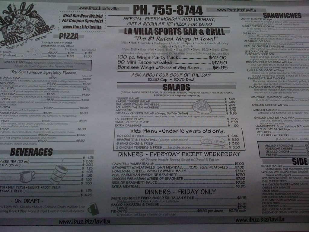 Menu at La Villa Sports Bar & Grille, Struthers, 812 Youngstown Poland Rd