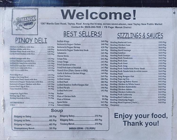 Menu at Manok District, Taytay
