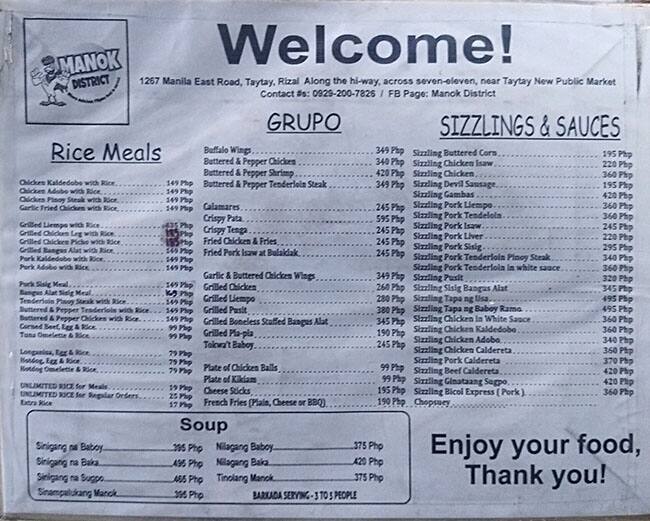 Menu at Manok District, Taytay