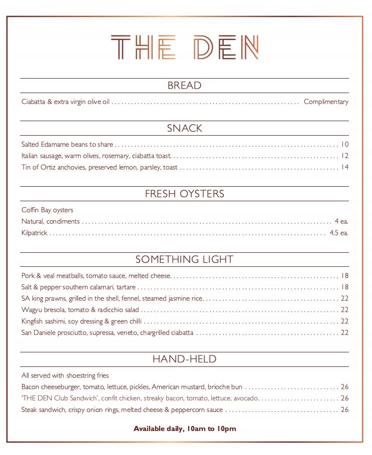 Menu at HENNESSY Rooftop Bar, Adelaide