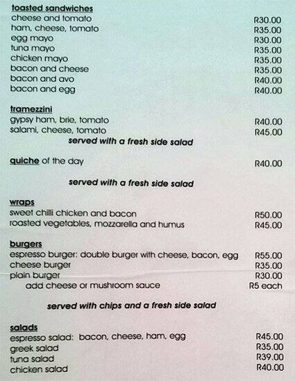 Menu at Expresso restaurant, Cape Town, 30 1st Ave