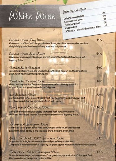 Menu at Cubaña Fourways pub & bar, Randburg, Cedar Rd