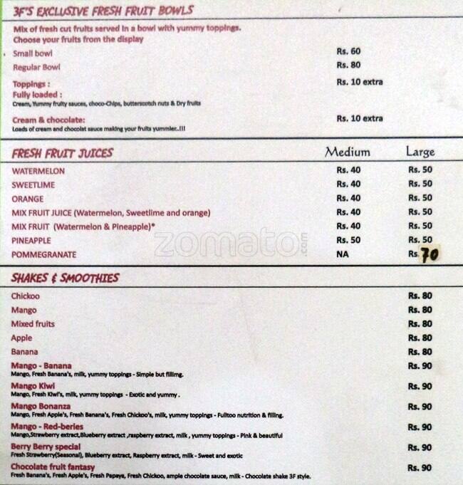 Menu at Fresh Fruit Factory, Pune, 2nd Floor No 11 D P Road