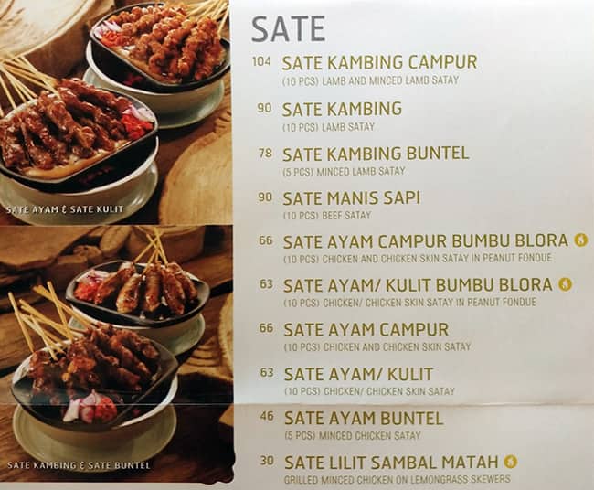 Menu at Sate Khas Senayan restaurant, South Jakarta, Jl. Prof. DR. Satrio No.18