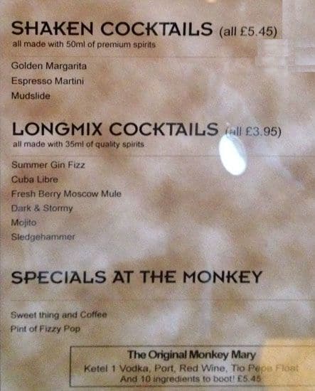 Menu at Brass Monkey pub & bar, Edinburgh, 14 Drummond Street