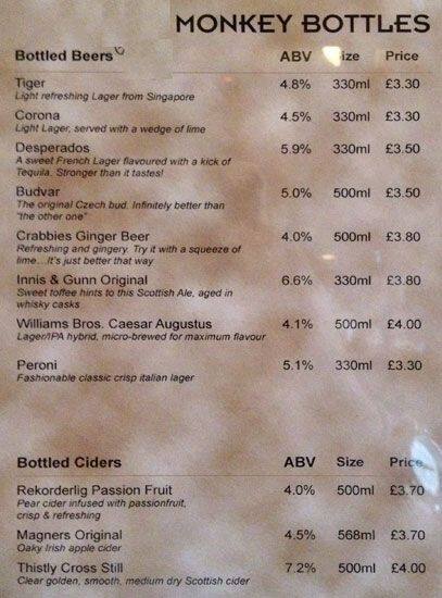 Menu at Brass Monkey pub & bar, Edinburgh, 14 Drummond Street