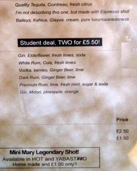 Menu at Brass Monkey pub & bar, Edinburgh, 14 Drummond Street